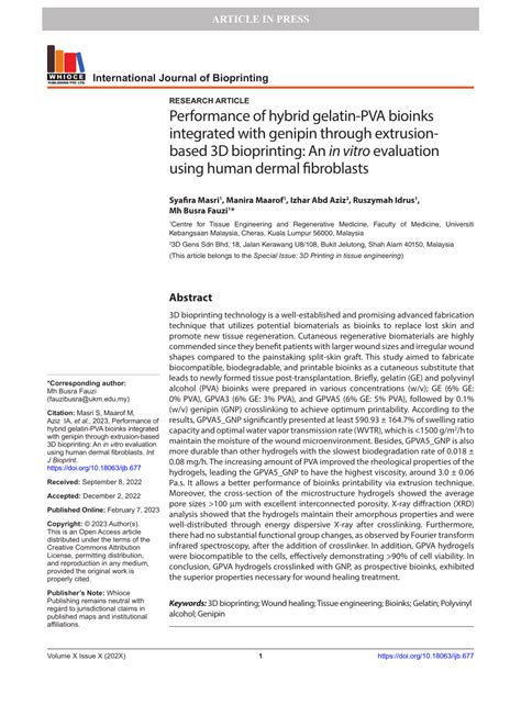 Pdf Performance Of Hybrid Gelatin Pva Bioinks Integrated With Genipin Through Extrusionbased