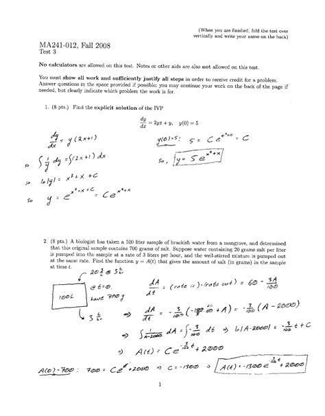Exam Iii With Answers Calculus Ii Fall 2008 Ma 241 Docsity