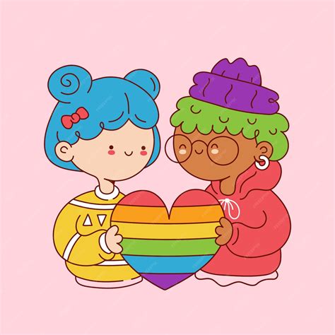 Premium Vector Cute Funny Young Lesbian Girls Hold Rainbow Heart