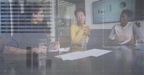 Image Of Data Processing And Diagrams Over Diverse Colleagues Discussing Work Stock Image