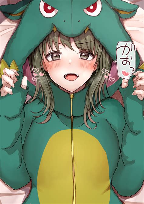 Safebooru 1girl Absurdres Blush Breasts Dinosaur Costume Gao Green Eyes Green Hair Heart