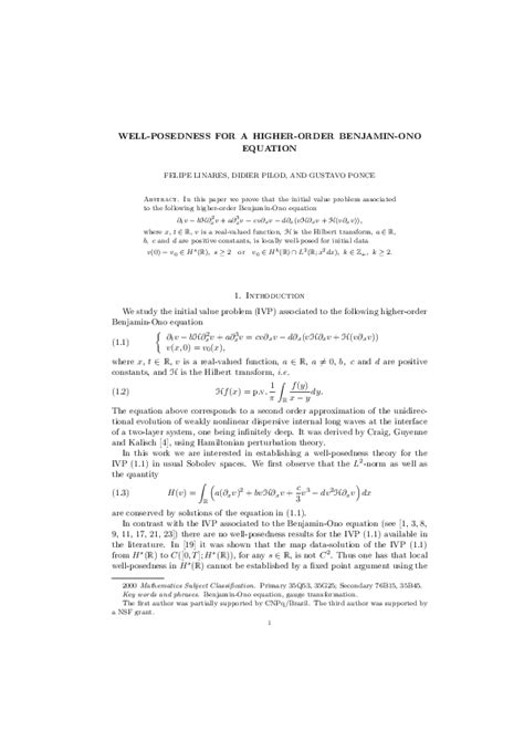 Pdf Well Posedness For A Higher Order Benjamin Ono Equation Gustavo