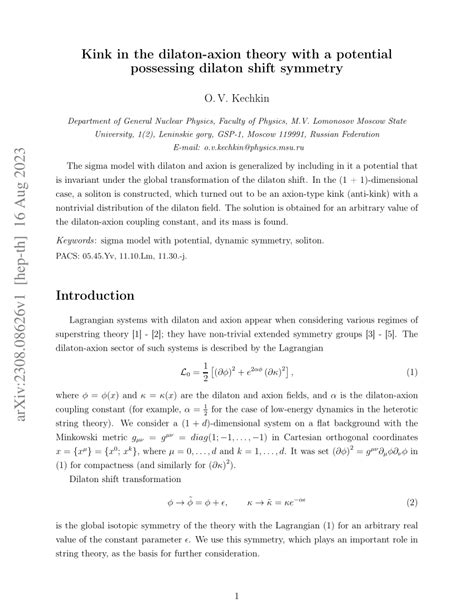 Pdf Kink In The Dilaton Axion Theory With A Potential Possessing
