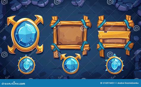 Animation Of Blue Buttons For Game Interface Cartoon Set Gold Hover Banner Design Isolated On