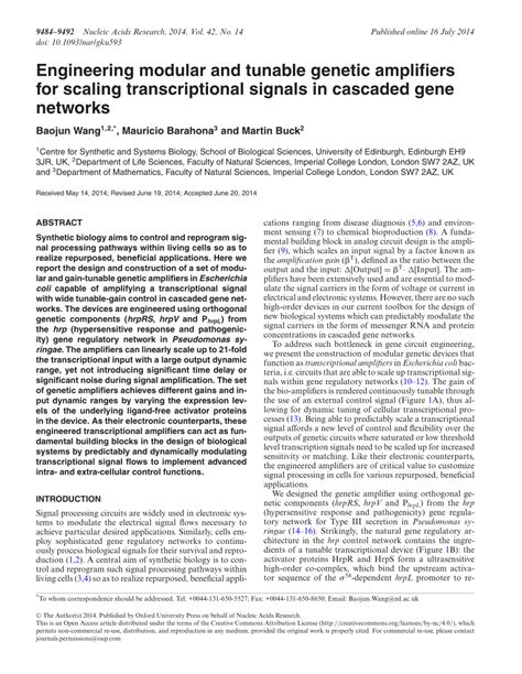 Pdf Engineering Modular And Tunable Genetic Amplifiers For Scaling Transcriptional Signals In