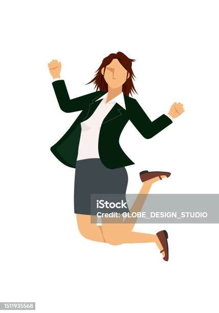 비즈니스 정장을 입은 한 명의 동양 여성 사업가가 점프하는 플랫 일러스트레이션 성공 도약 도약의 이미지 기업 비즈니스에 대한