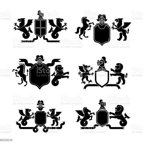문장 학 방패와 나이트 헬멧 실루엣을 설정합니다 환상적인 짐승입니다 서식 파일 문장 학 디자인 요소입니다 제 외 투 호 왕실