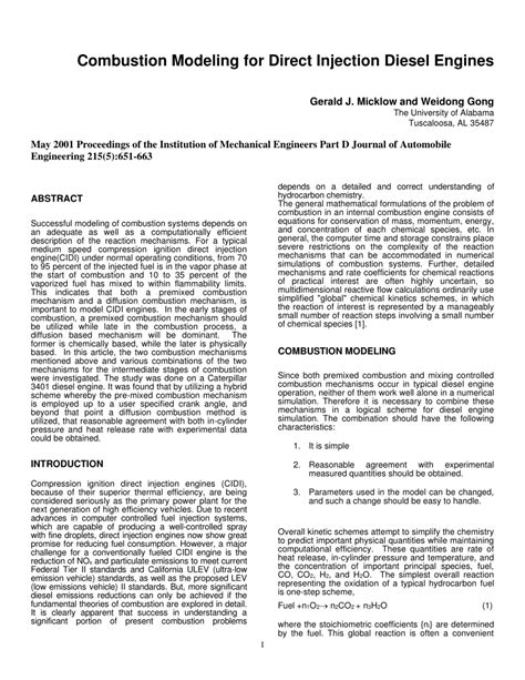 Pdf Combustion Modelling For Direct Injection Diesel Engines