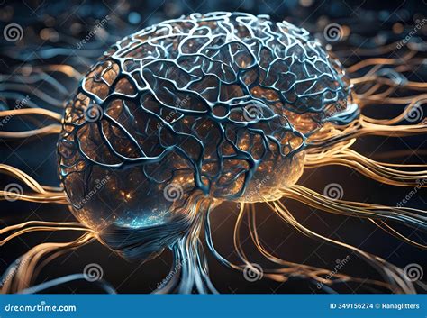 A Brain Illustration Showcasing Neural Connections On A Black Background Stock Illustration