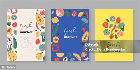 신선한 시장 포스터 카드 또는 과일과 야채와 함께 인쇄 컬렉션 비타민 C 소스 농장 시장 건강 한 음식 벡터 일러스트레이션 Lorem Ipsum에 대한 스톡 벡터 아트 및