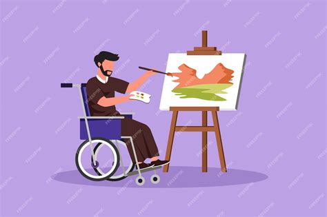 캔버스에 휠체어 그림 풍경을 그리는 장애인 아라비아 남자의 그래픽 평면 디자인 드로잉 재활 물리 치료 신체 장애 활동 만화