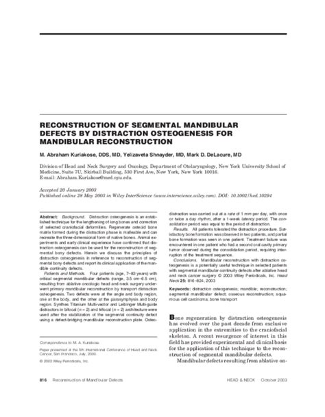 Pdf Reconstruction Of Segmental Mandibular Defects By Distraction Osteogenesis For Mandibular