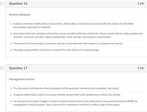 solved question 16 1 pts activity attributes o a process