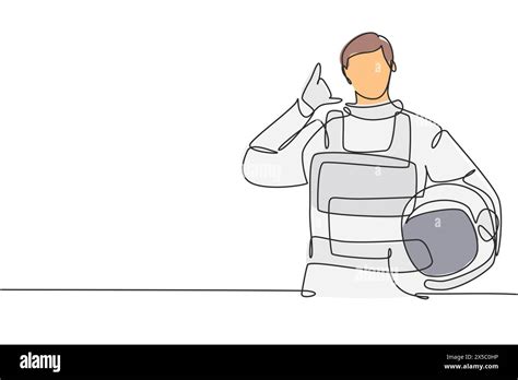 Single Continuous Line Drawing Astronaut With Call Me Gesture Wearing Spacesuits To Explore