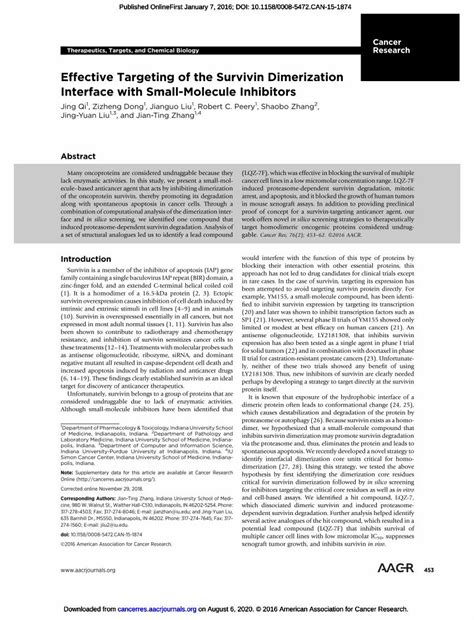 Pdf Effective Targeting Of The Survivin Dimerization Interface