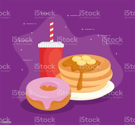 병 음료 페이스트리 베이커리 컨셉을 곁들인 맛있는 신선한 달콤한 도넛과 팬케이크 건강에 좋지 않은 음식에 대한 스톡 벡터 아트 및 기타 이미지 건강에 좋지 않은 음식