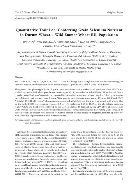 Pdf Quantitative Trait Loci Conferring Grain Selenium Nutrient In Durum Wheat × Wild Emmer
