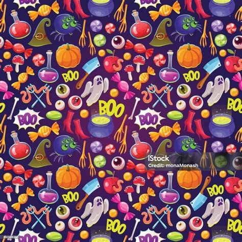 완벽 한 할로윈 패턴입니다 무서운 개체와 재미 있는 배경 와 눈 물 약 거미 뼈 데 려 호박 마녀 부츠 만화 스타일에 모자 벡터 일러스트 레이 션 벌레에 대한 스톡 벡터