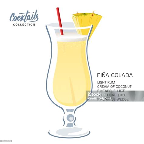 피나 콜라다 칵테일 드링크 유리 밀짚 파인애플 웨지 핸드 그린 벡터 일러스트 슬라이스에 대한 스톡 벡터 아트 및 기타 이미지