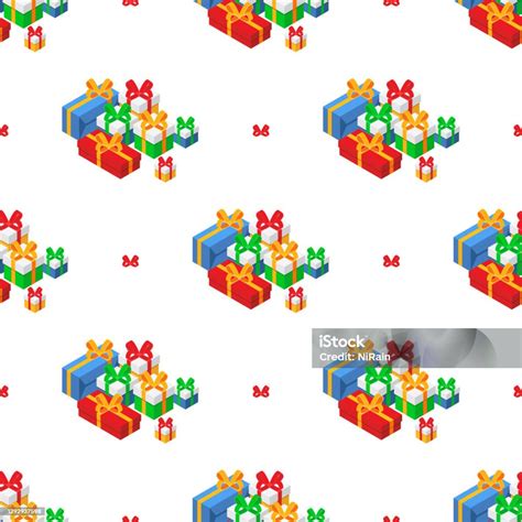 흰색 배경에 컬러 선물 상자가있는 등색 벡터 원활한 패턴 리본 마크 플랫 만화 스타일의 3d 등가시적 매끄러운 패턴이있는 상자를 제시합니다 12월에 대한 스톡 벡터 아트 및