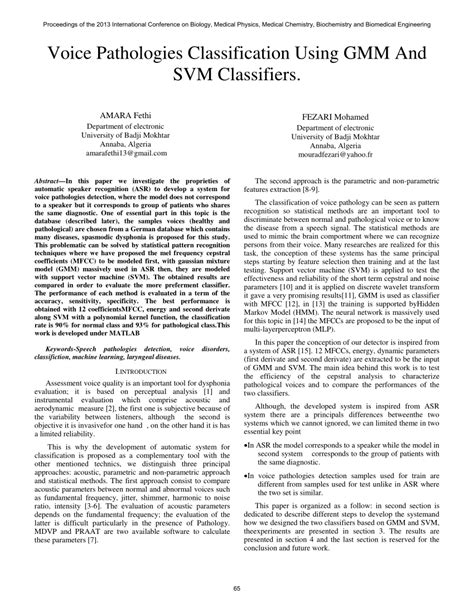 Pdf Voice Pathologies Classification Using Gmm And Svm Classifiers