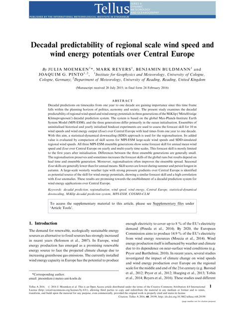 Pdf Decadal Predictability Of Regional Scale Wind Speed And Wind Energy Potentials Over
