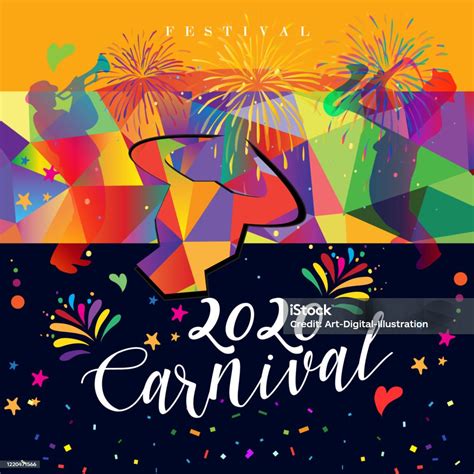 카니발 음악 및 댄스 페스티벌 포스터 행복한 사람들 삼바 댄스 퍼레이드 삼바드롬 마디 그라 추상 열대 다색 축제 불꽃 놀이 배경입니다 가면 뉴 올린 카니발 브라질 리오 파티