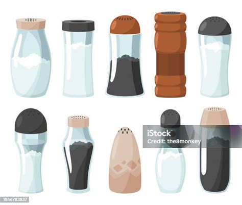 소금과 후추 아이콘 세트입니다 유리병 주방 조미료가 담긴 소금 저장고 매운 가루를 뿌리는 향료 음식용 재료 조미료 향신료 가루 음식의 벡터 그림 가득 찬에 대한 스톡 벡터