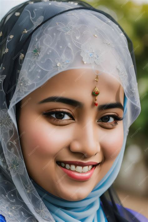 행복 한 아름 다운 여자 종교적 착용 베일 히잡 미소의 아시아 이슬람 아랍 초상화 프리미엄 사진