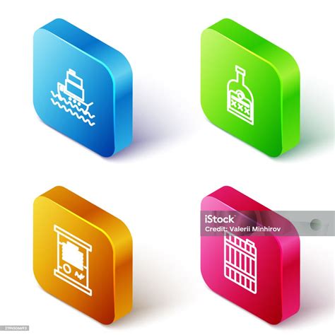 아이소 메트릭 라인 배 알코올 음료 럼 병 법령 양피지 스크롤 및 나무 배럴 아이콘을 설정합니다 벡터 3차원 형태에 대한 스톡 벡터 아트 및 기타 이미지 Istock