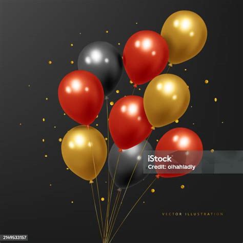 축제 사실적인 풍선 블랙 레드 골드 풍선이 있는 축하 디자인 3d 벡터 일러스트 레이 션 3차원 형태에 대한 스톡 벡터 아트 및 기타 이미지 Istock