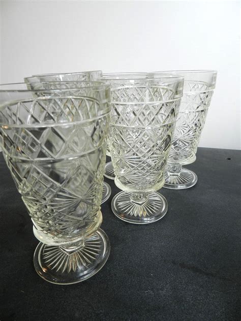 6 Elegant Pressed Glass Pedestal Drinkware Peanut Butter Big Top