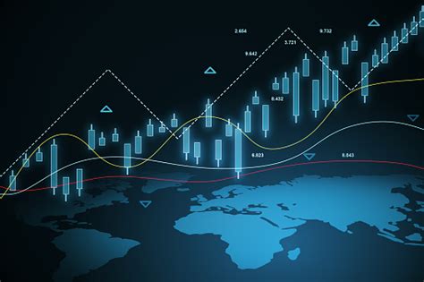 어두운 배경의 세계 지도 부분에서 위에서 보면 디지털로 빛나는 재무 차트 촛대와 데이터 지표가 있습니다 3d 렌더링 0명에 대한 스톡 사진 및 기타 이미지 Istock