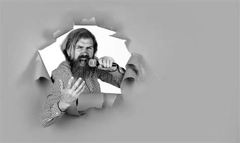 Caucasian Hipster With Beard And Stylish Hair Sing In Mic Singer Stock Image Image Of Music