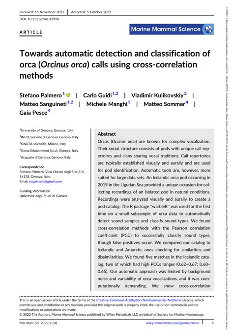 Pdf Towards Automatic Detection And Classification Of Orca Orcinus