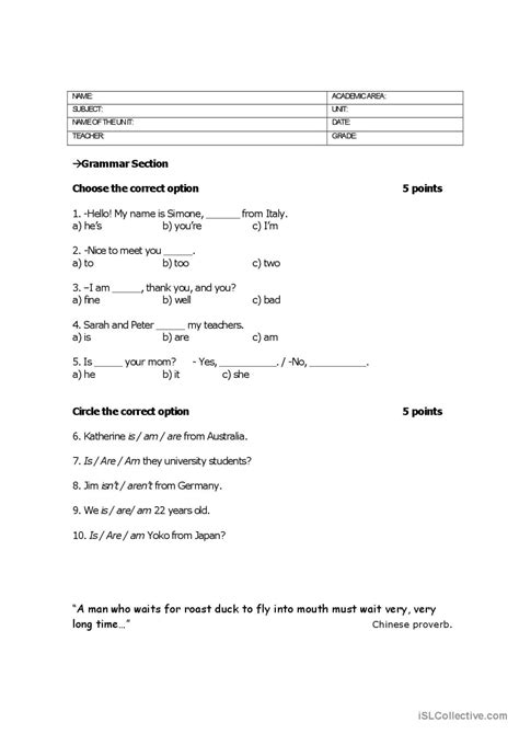 Elementary Test English Esl Worksheets Pdf And Doc