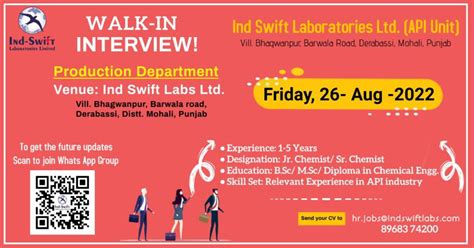 Ind Swift Laboratories Ltd Walk In Interview For Bsc Msc Diploma Chemical Engineering