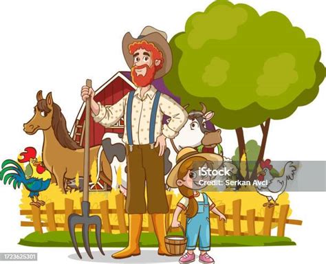 Ilustrasi Vektor Keluarga Petani Bahagia Dan Hewan Ternak Ilustrasi