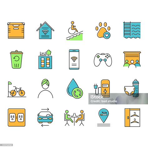 아파트 편의 시설 색상 아이콘 세트 주거 서비스 편안한 집 표지판 주거 주민을위한 사치품 밀레니엄 임대인을위한 부동산 편의 격리된 벡터 일러스트레이션 개념에 대한 스톡 벡터