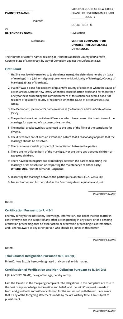 Sample Divorce Complaint Irreconcilable Differences