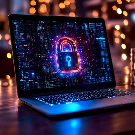 Modern Cybersecurity Laptop With Digital Lock And Data Visualization Stock Illustration