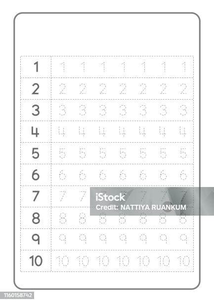 숫자를 쓰기위한 무료 필기 페이지 학습 번호 유치원 벡터에 대한 숫자 추적 워크 시트 건강관리와 의술에 대한 스톡 벡터 아트 및