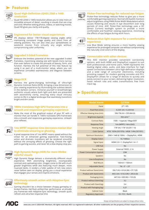 AOC Q27B36 27 QHD MONITOR 27 IPS QHD 1MS 100HZ ADAPTIVE SYNC HD MI DP 3YRS