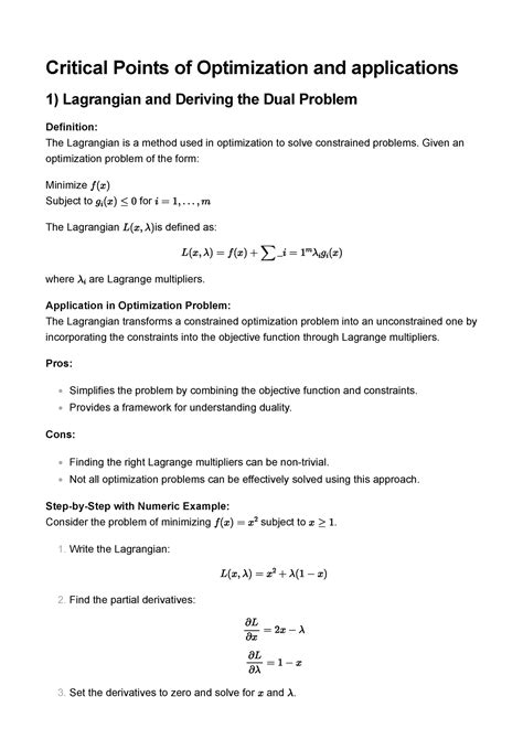 Critical Points Of Optimization And Applications Given An Optimization Problem Of The Form