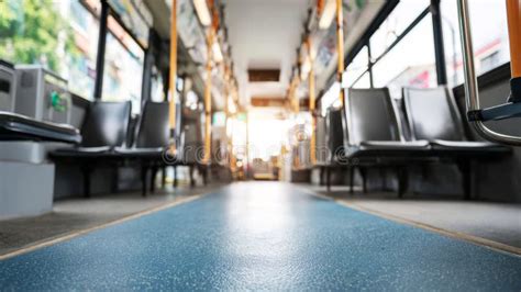 Empty Public Bus Aisle With Blue Floor Nobody On Board Concept Of