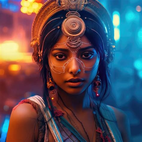 Premium Photo Princess Beautiful In Light Electron Style Cyberpunk Young Indian Woman