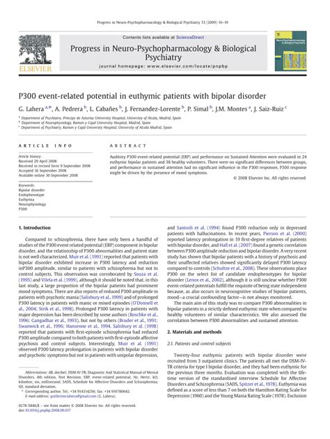 Pdf P300 Event Related Potential In Euthymic Patients With Bipolar Disorder