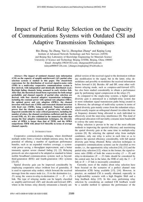 Pdf Impact Of Partial Relay Selection On The Capacity Of