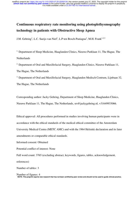 Pdf Continuous Respiratory Rate Monitoring Using Photoplethysmography Technology In Patients