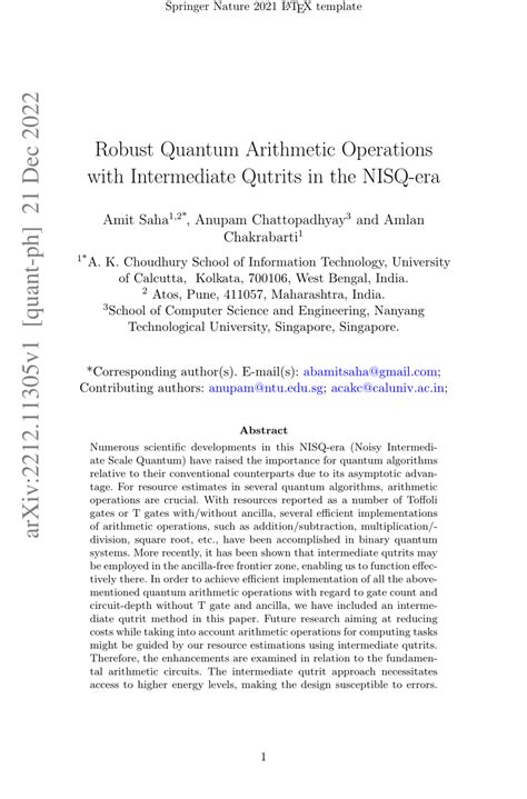Pdf Robust Quantum Arithmetic Operations With Intermediate Qutrits In The Nisq Era